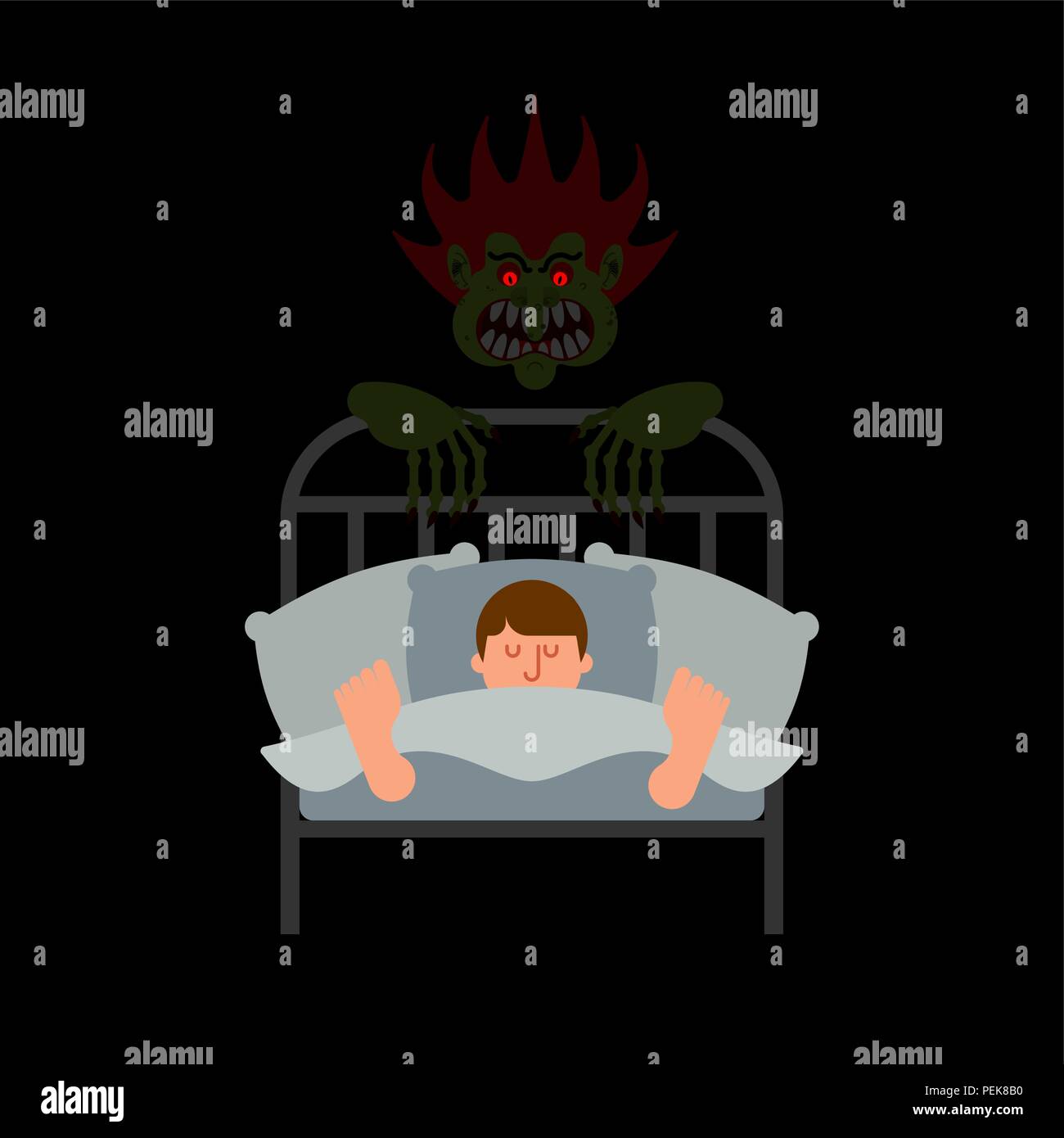Guy in bed and Nightmare. Horror of night. Horrible dream. Monster in ...