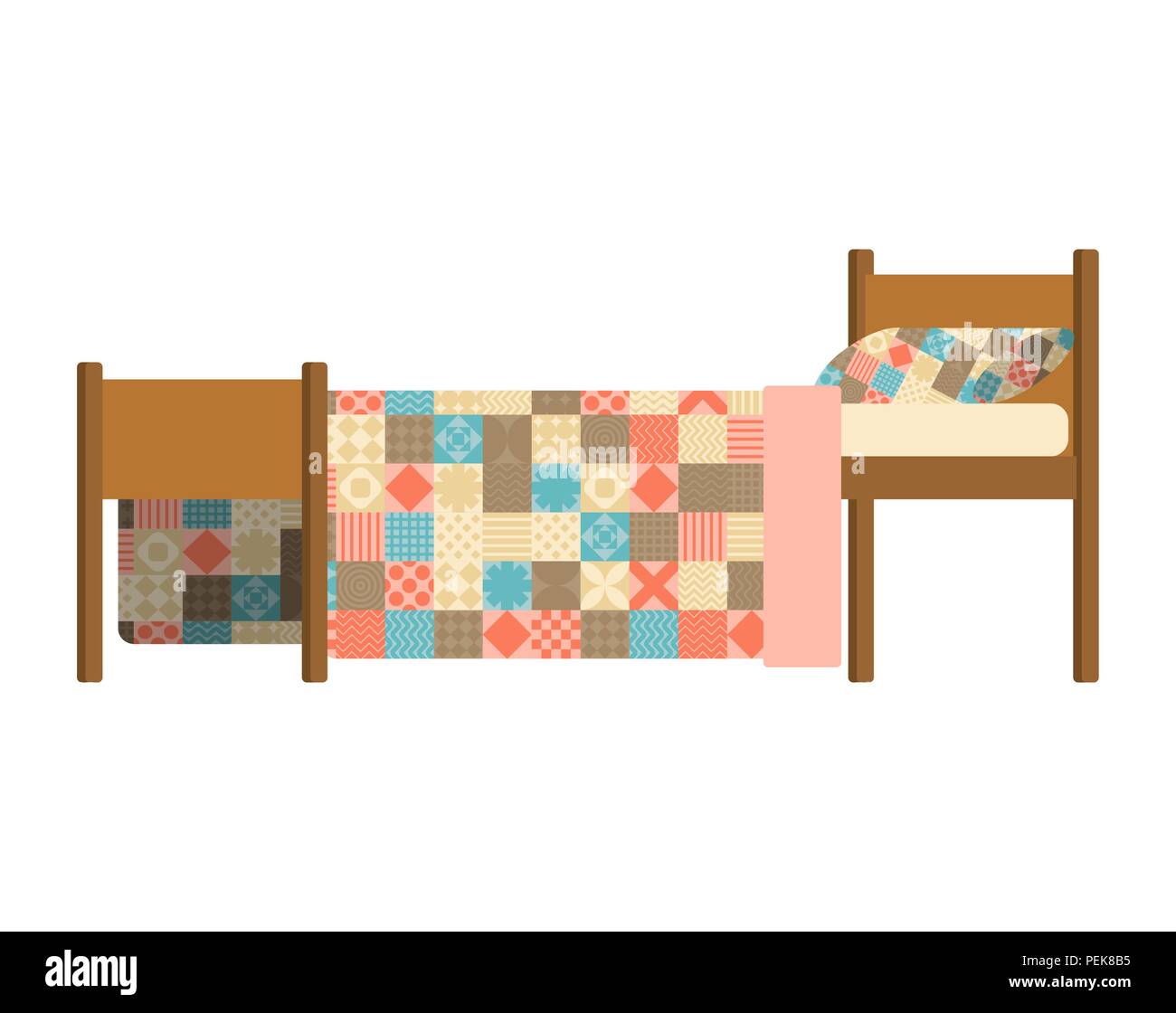Quilted Blanket on bed. Patchwork Quilt. Hands made blanket. Vector ...