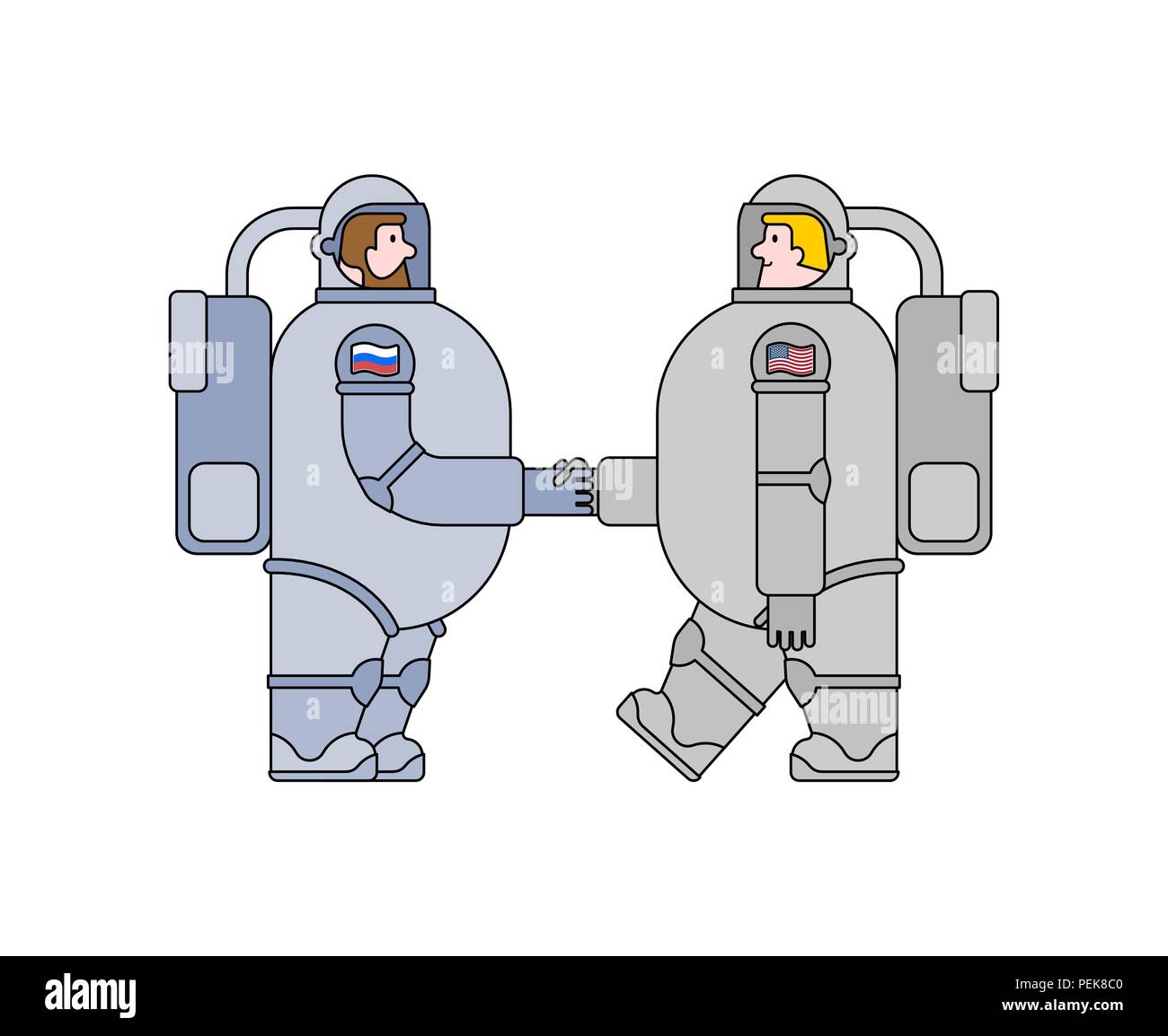 Astronaut russian and spaceman USA. Cosmonaut Handshake. America and ...