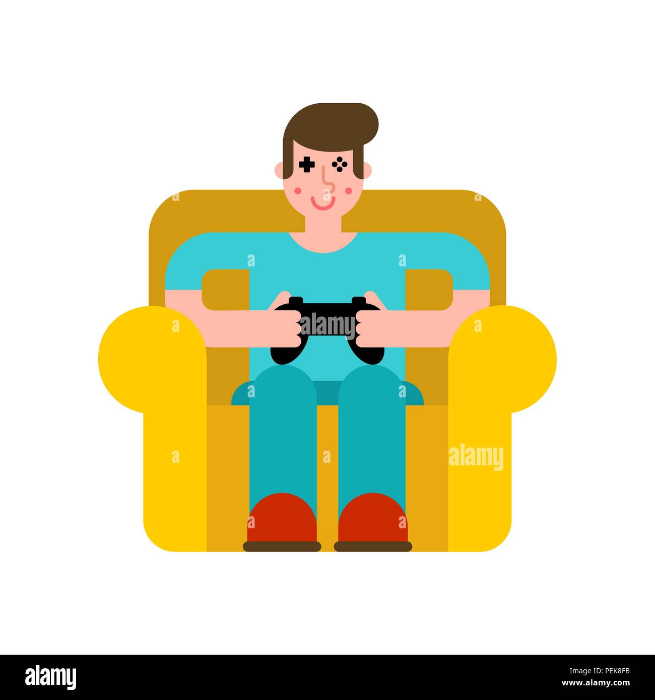 Gamer on chair. Guy and video game. Boy and joystick. Cibersport Vector ...