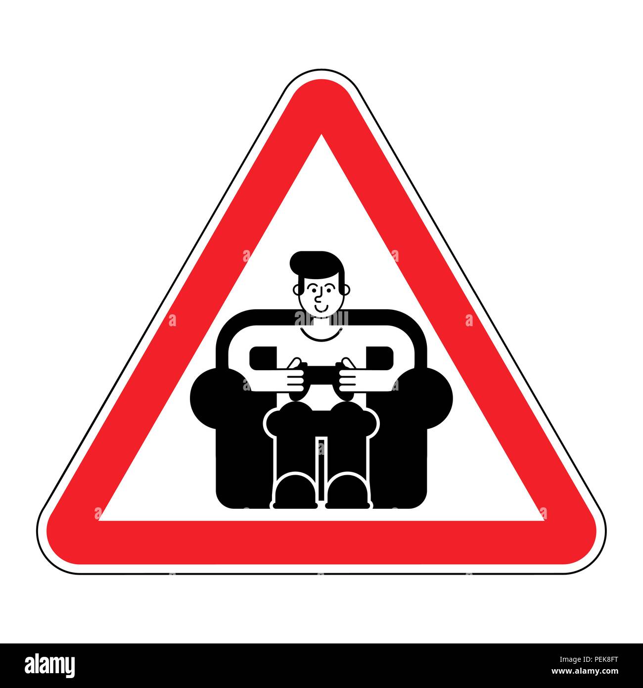 Attention gamer. Red road sign danger. Caution guy plays video game ...