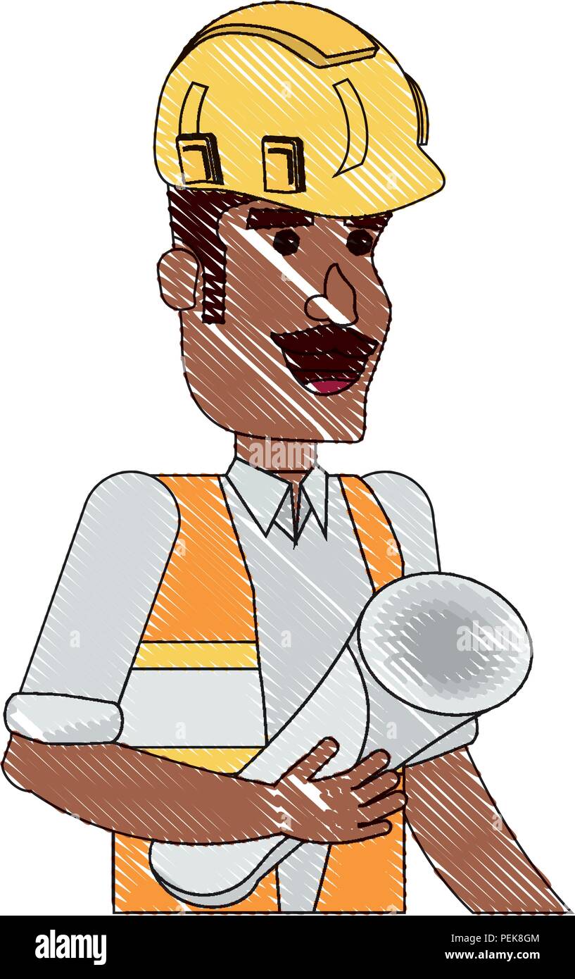 cartoon construction man holding a plans over white background, vector ...