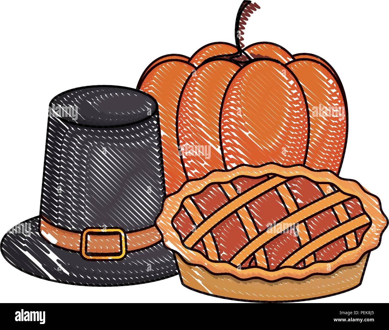 pilgrim hat with pumpkin and pie over white background, vector ...