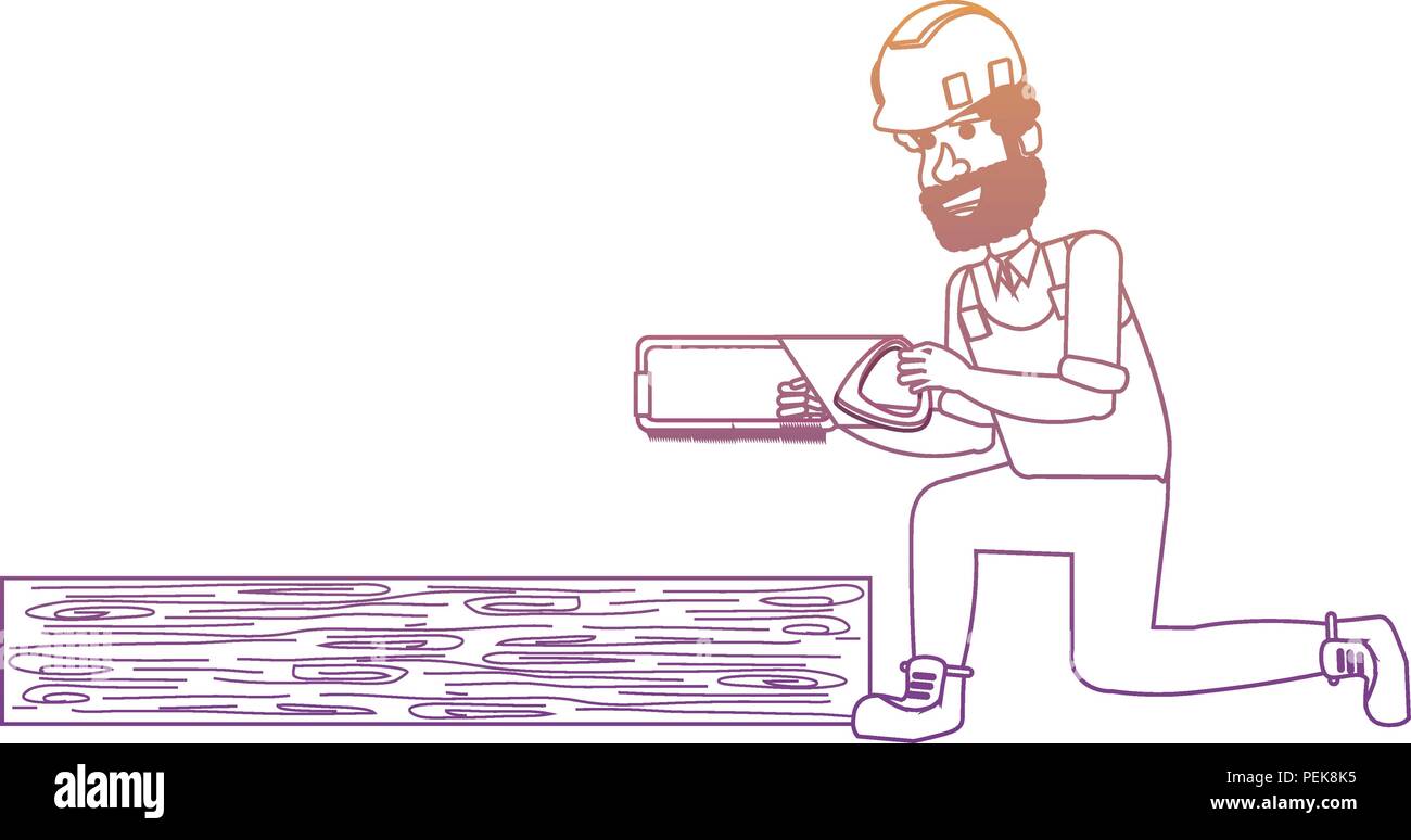 construction man with hand saw and wood board over white background ...