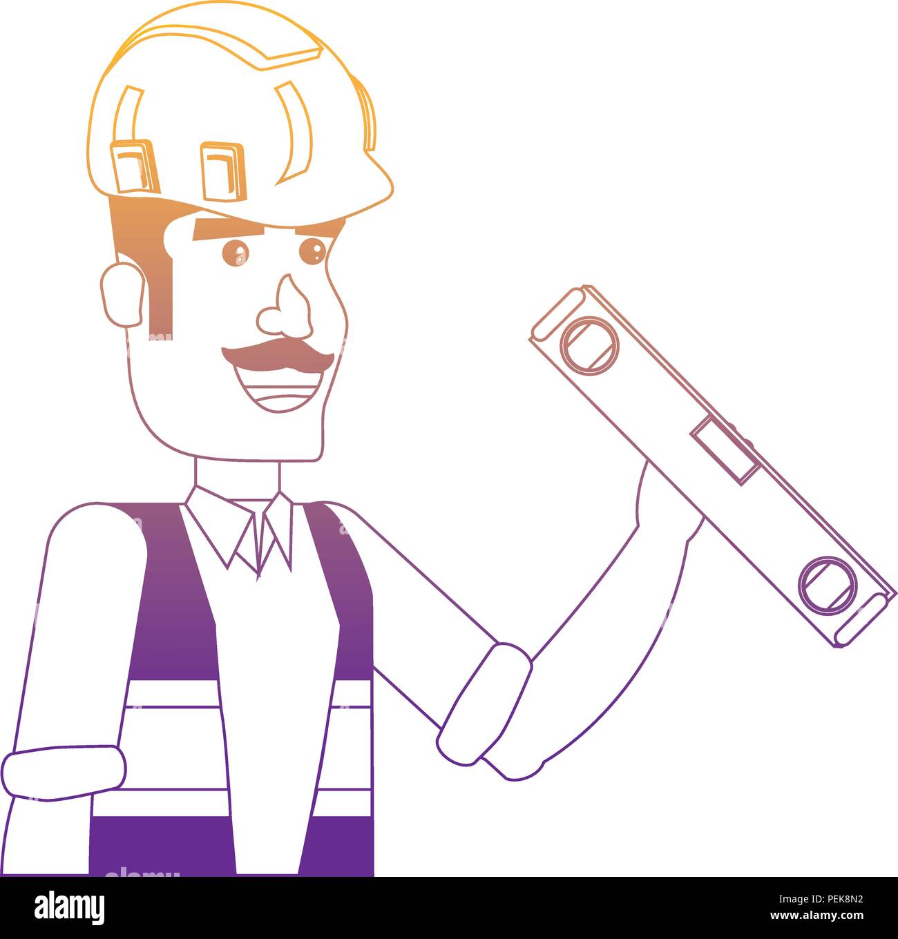 cartoon construction worker holding a spirit level over white ...