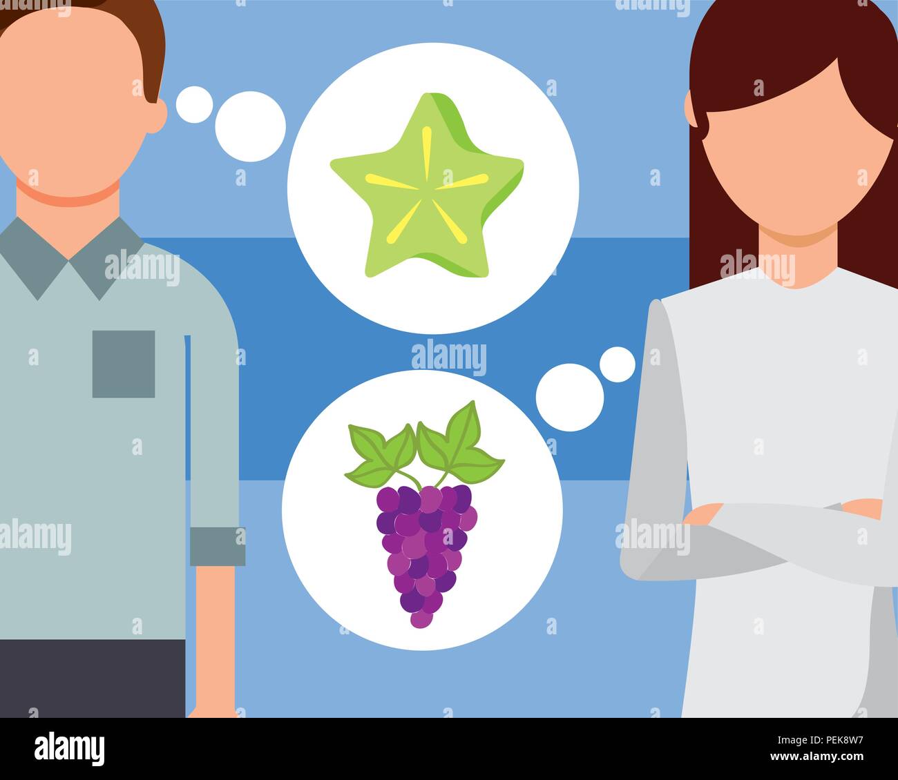 man and woman talking of fruits fresh carambola grapes Stock Vector ...