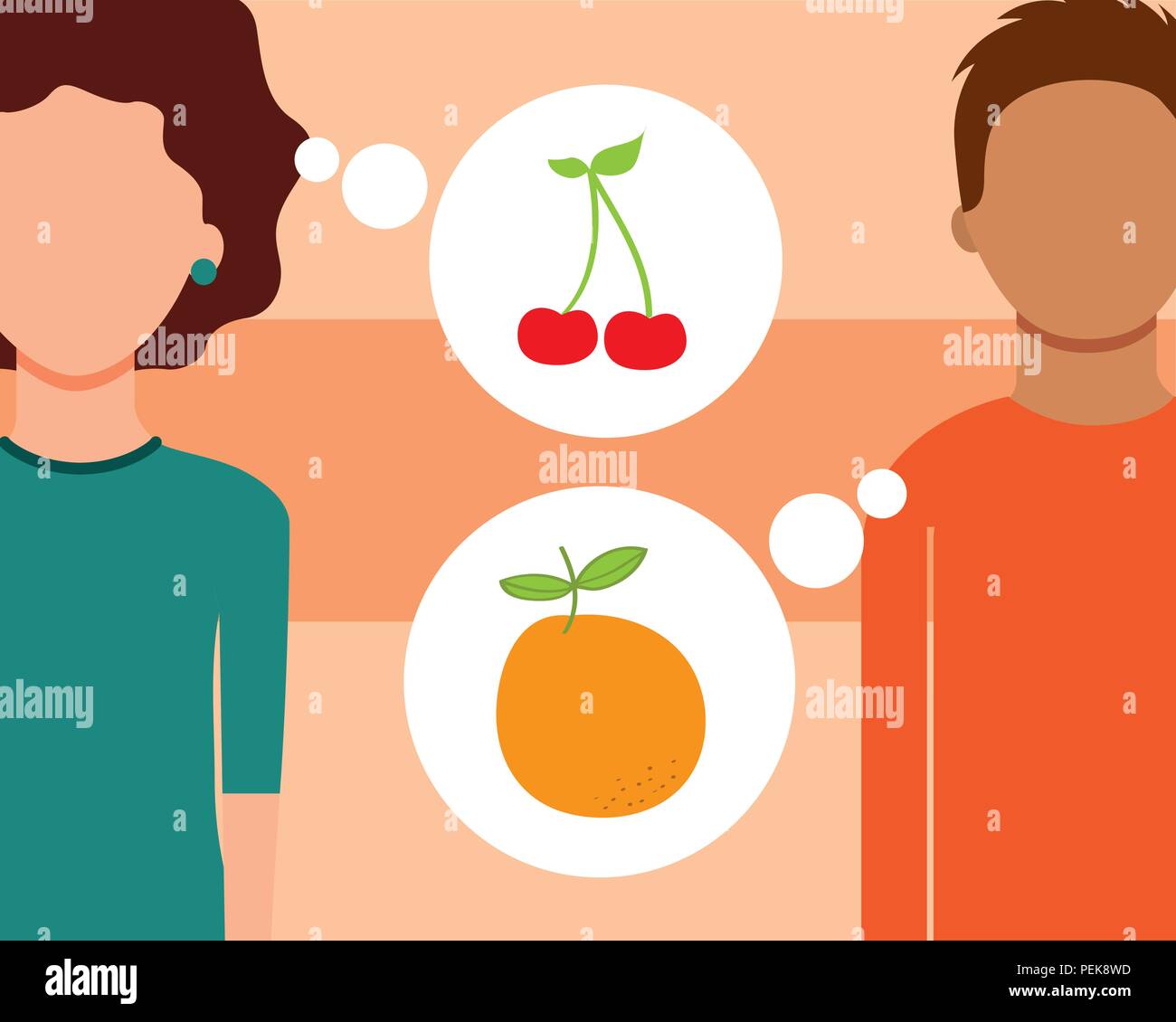 man and woman talking of fruits fresh cherry orange Stock Vector Image ...