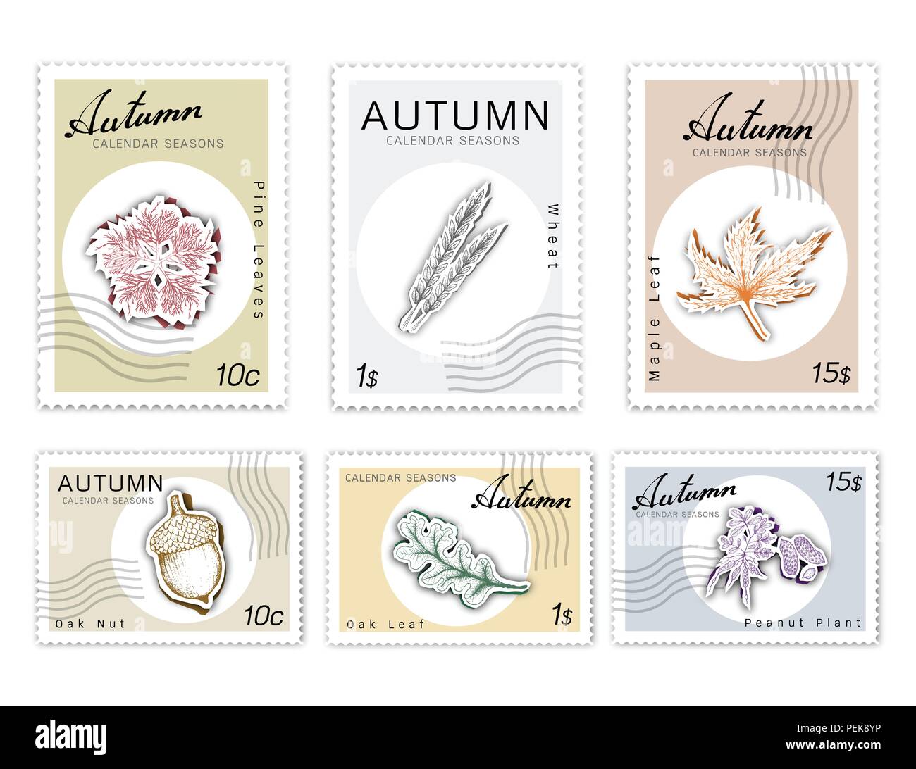 Autumn Plants, Post Stamps Set of Hand Drawn Sketch Maple, Oak Leaf ...