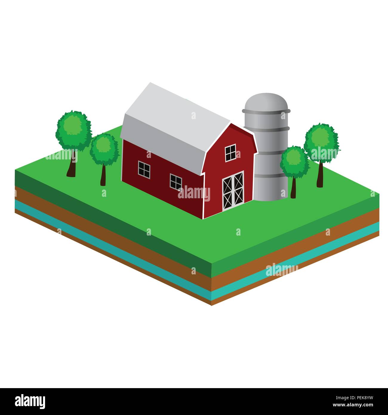 Isometric Red Barn And Trees cows vector illustration Stock Vector ...