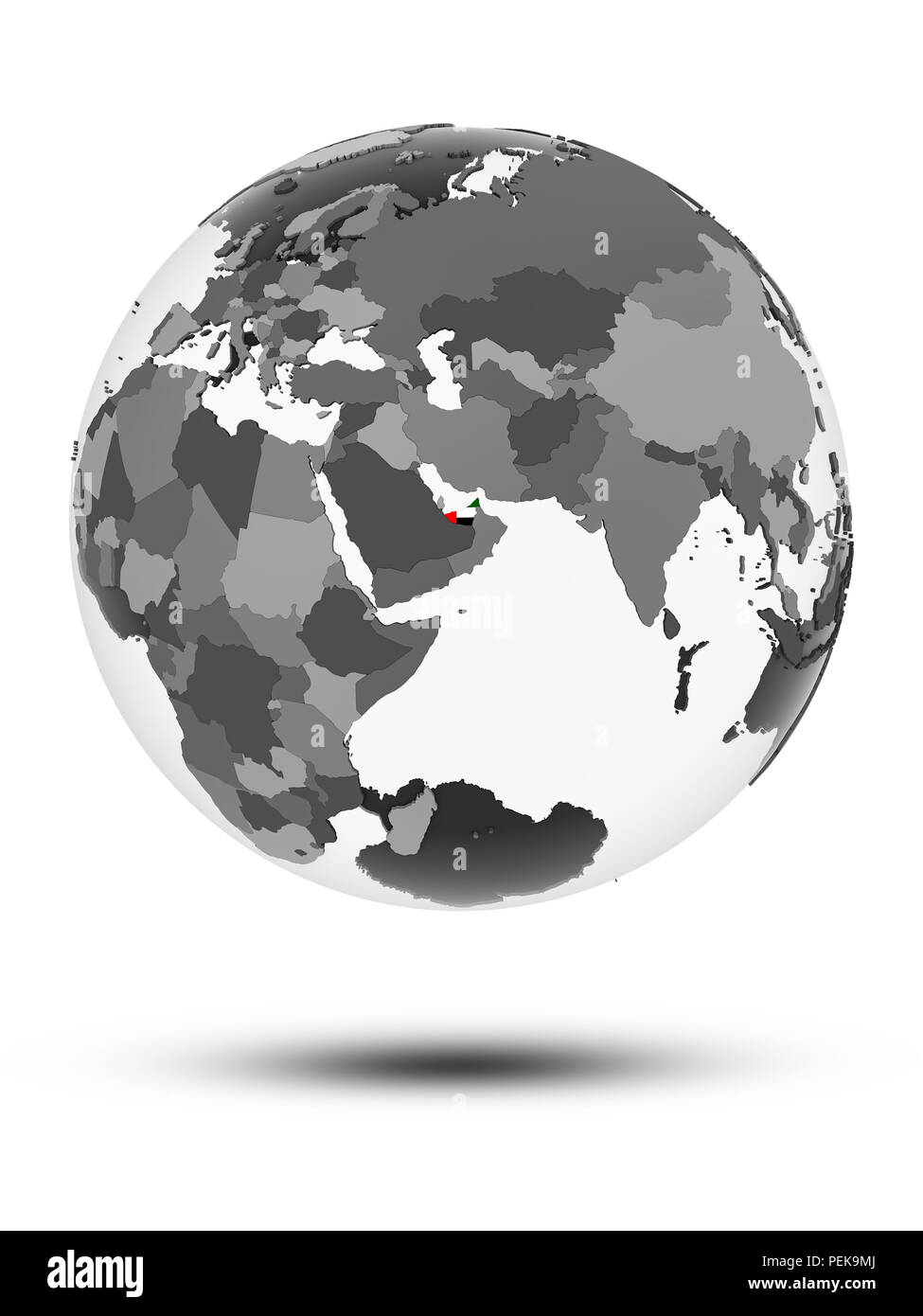 United Arab Emirates with flag on globe with shadow isolated on white ...