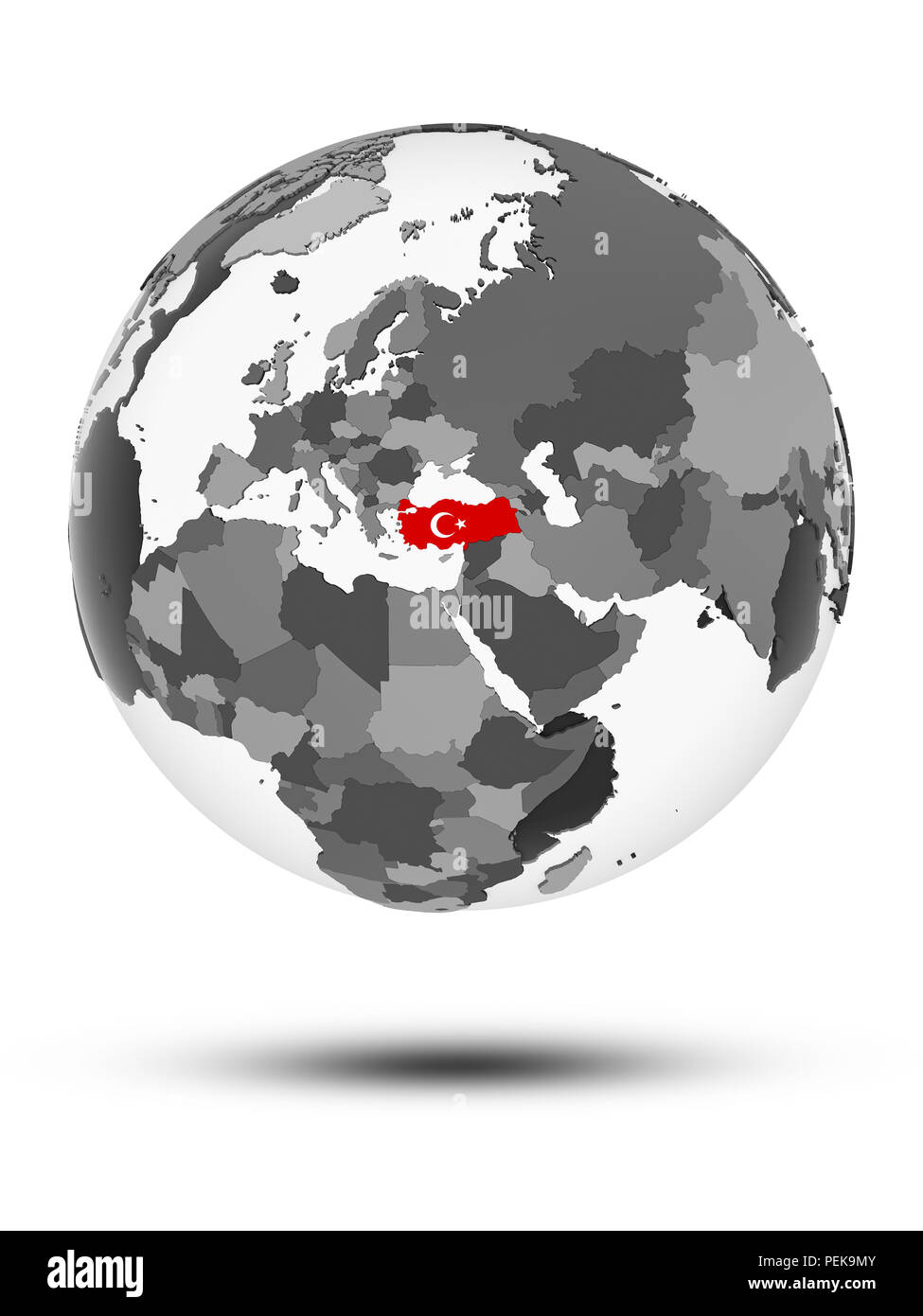 Turkey with flag on globe with shadow isolated on white background. 3D ...