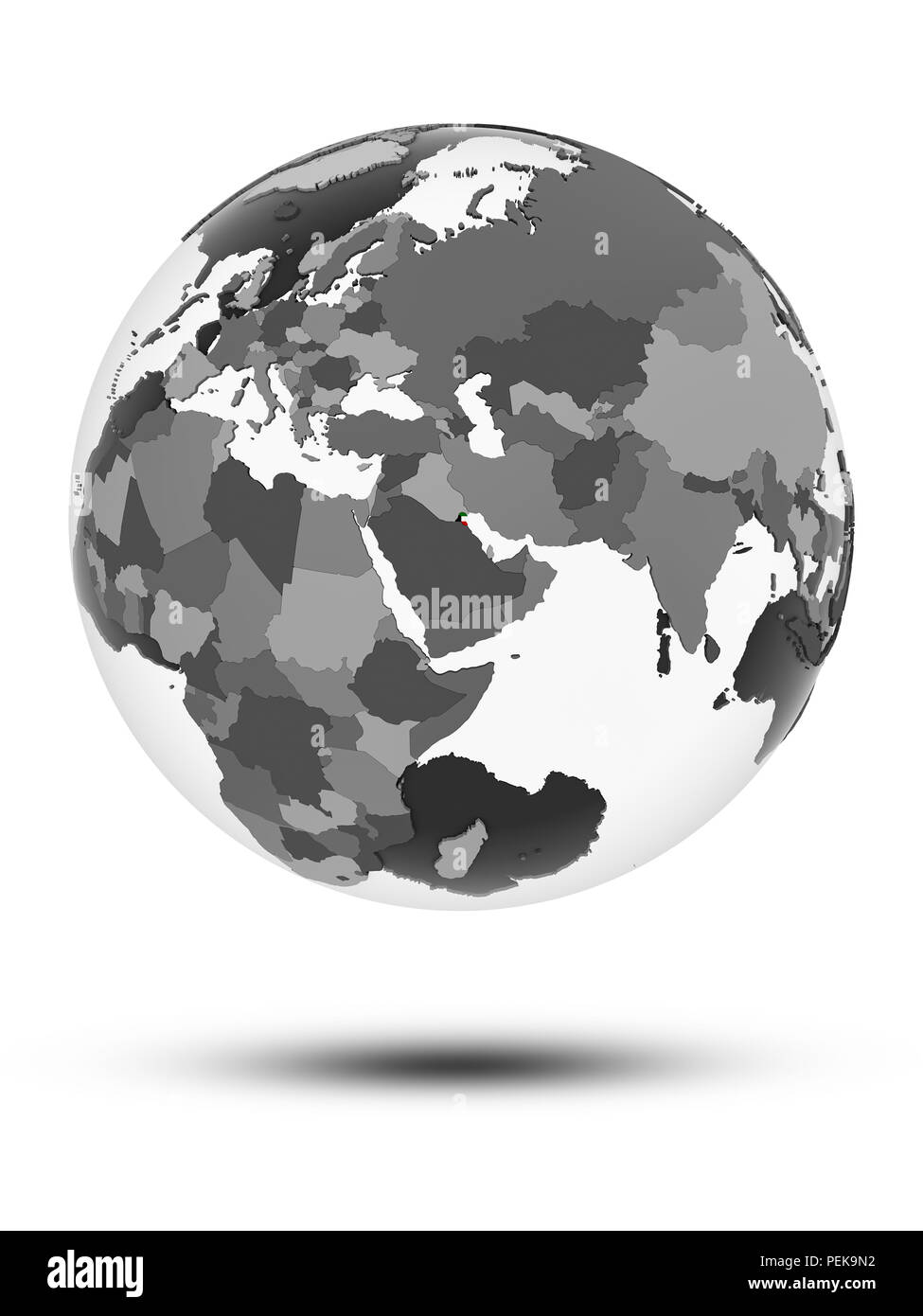 Kuwait with flag on globe with shadow isolated on white background. 3D ...