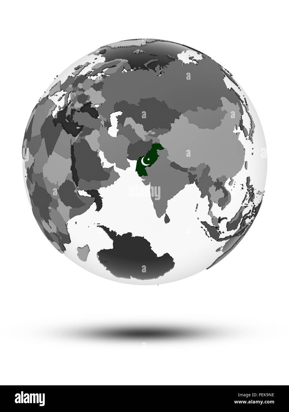 Pakistan with flag on globe with shadow isolated on white background ...
