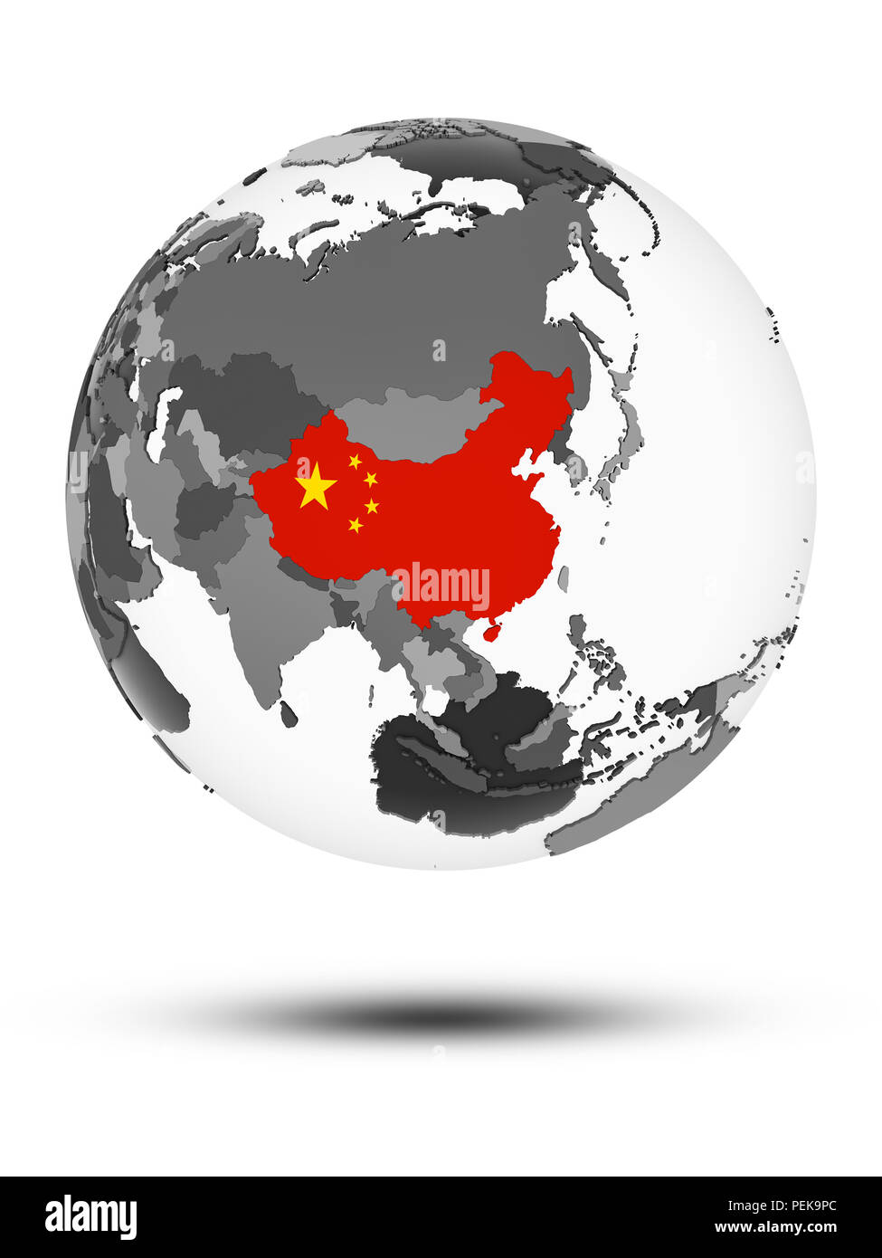 China with flag on globe with shadow isolated on white background. 3D ...