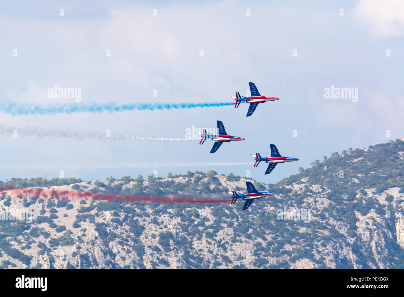 Toulon, FRANCE - August 15, 2018: Patrouille de France aerobatics team ...