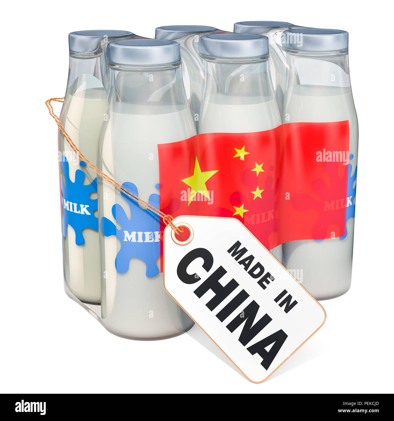 Dairy drink from China concept. Package of glass milk bottles with ...