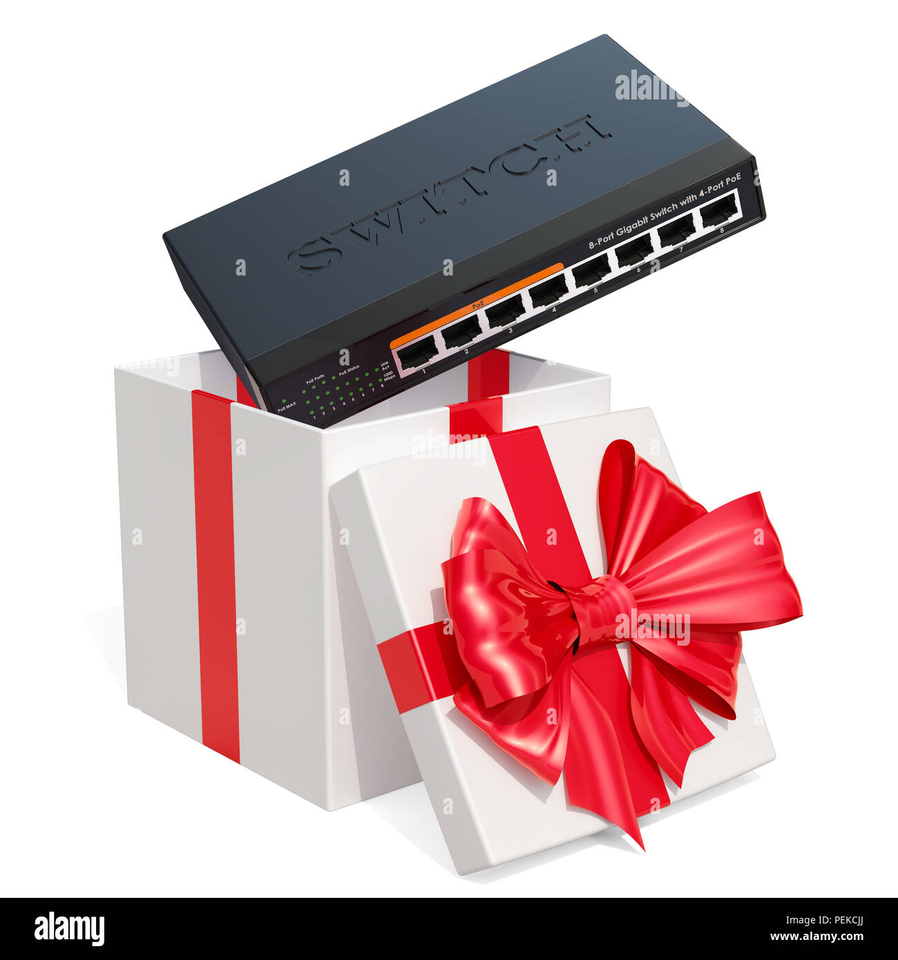 Gigabit Ethernet switch inside gift box, gift concept. 3D rendering ...