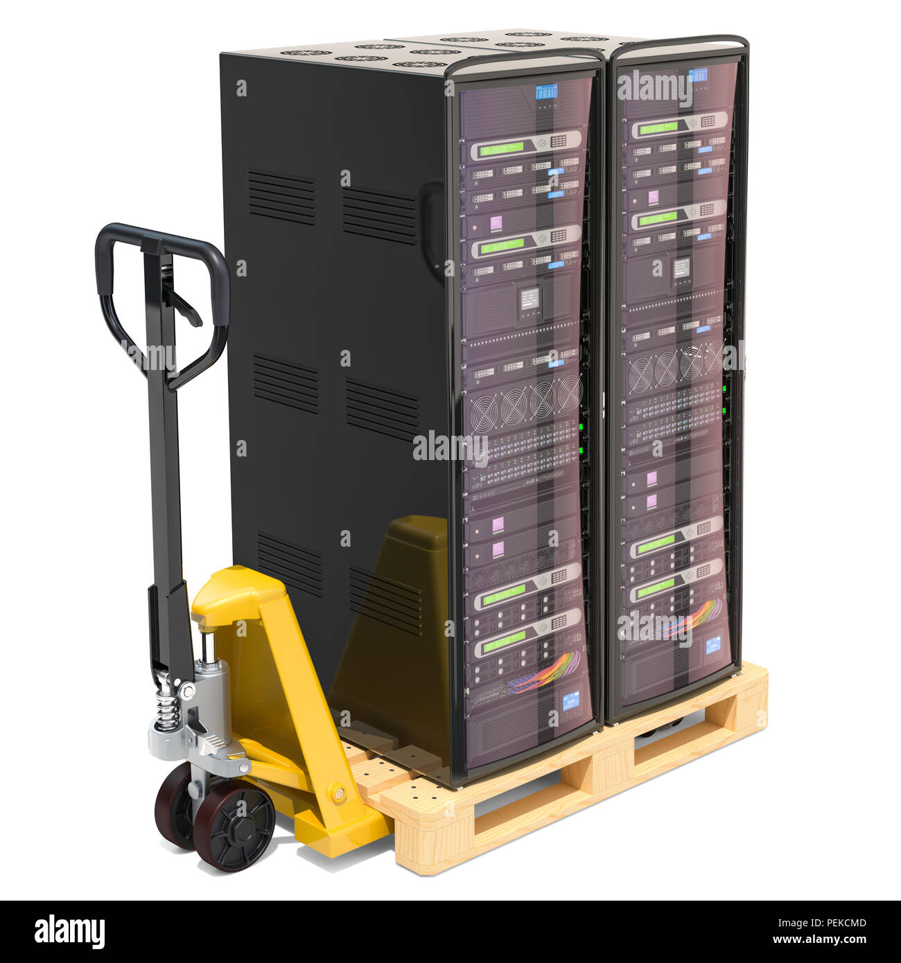 Pallet truck with computer server racks, delivery concept. 3D rendering ...