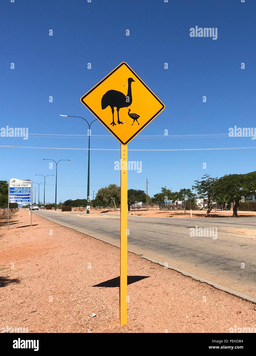 Signs warning drivers about vagrant emus by the main road in Exmouth ...