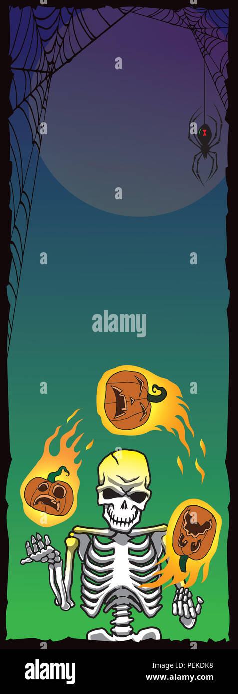 A halloween skeleton juggling flaming pumpkins tall orientation green ...