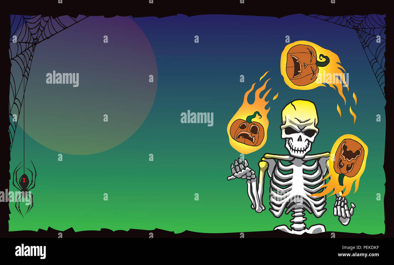 A halloween skeleton juggling flaming pumpkins orientation wide green ...