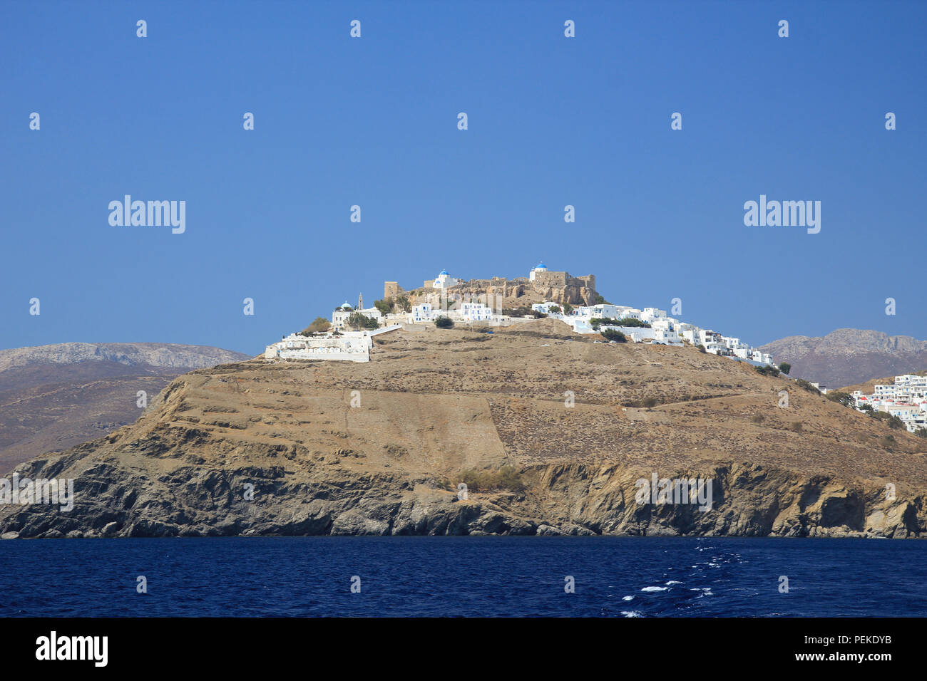 View of the fortress in Astypalea island, from the boat while leaving ...