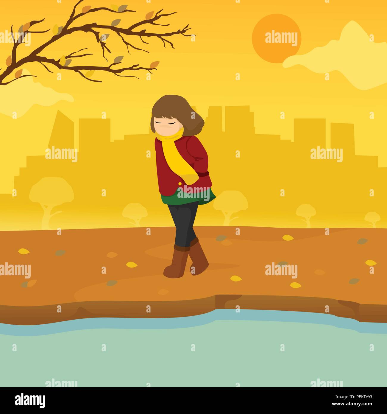 Sad Lonely Girl Autumn Season Scene Illustration Vector Graphic Design ...