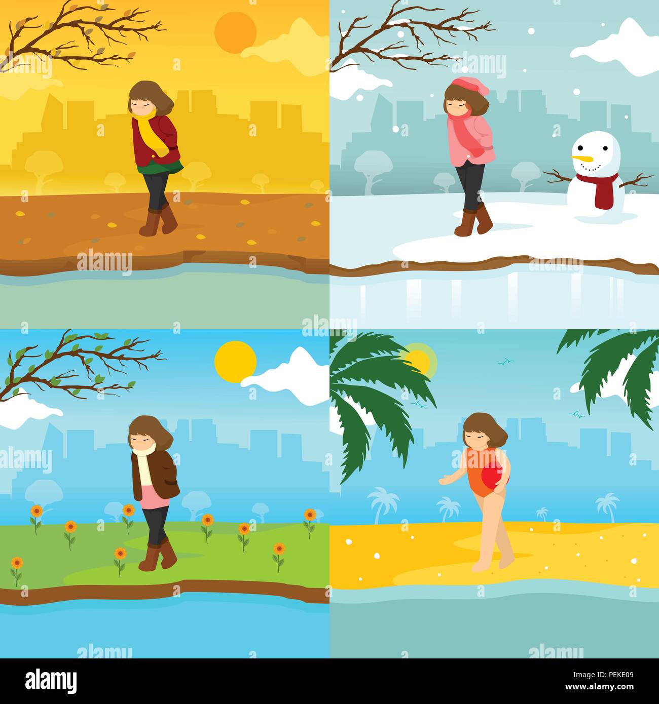 Sad Lonely Girl Multiple Season Scene Illustration Vector Graphic ...