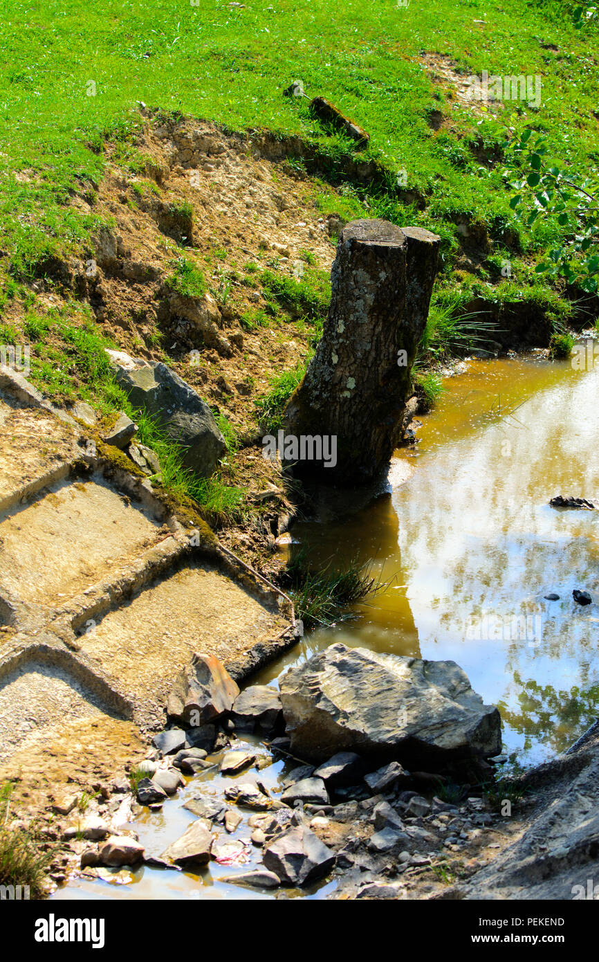Deformed and dilapidated old channel with dirty water, the concept of ...