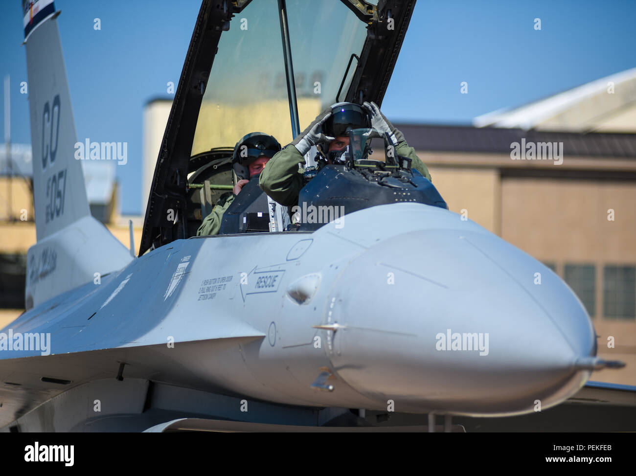 Col. Troy Endicott, 460th Space Wing commander and Col. Brian “Ike ...