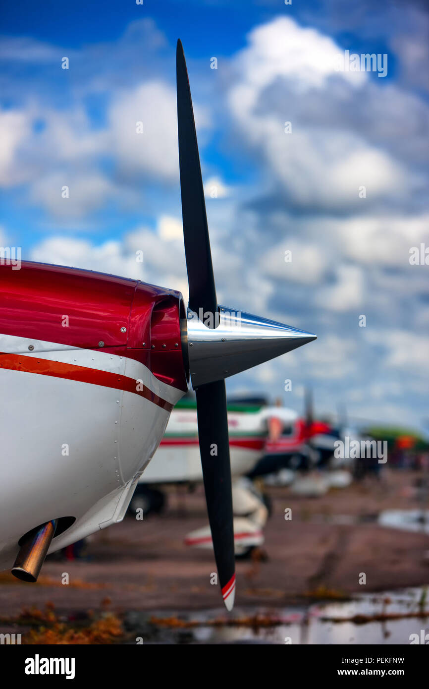Latvia, Riga. July 2015. The nose of the aircraft engine with a ...