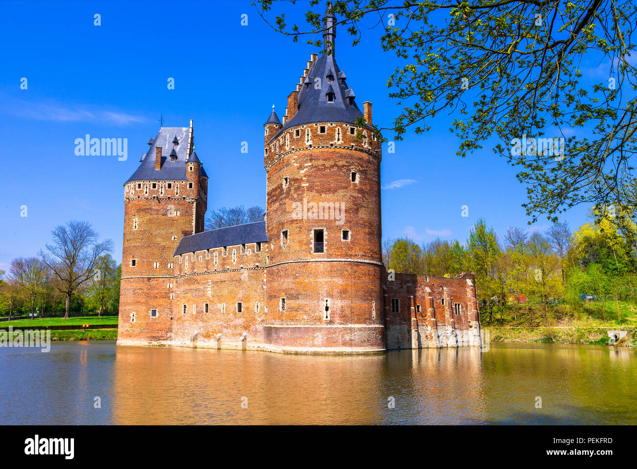 Impressive Bersel medieval castle,view with lake,Belgium Stock Photo ...