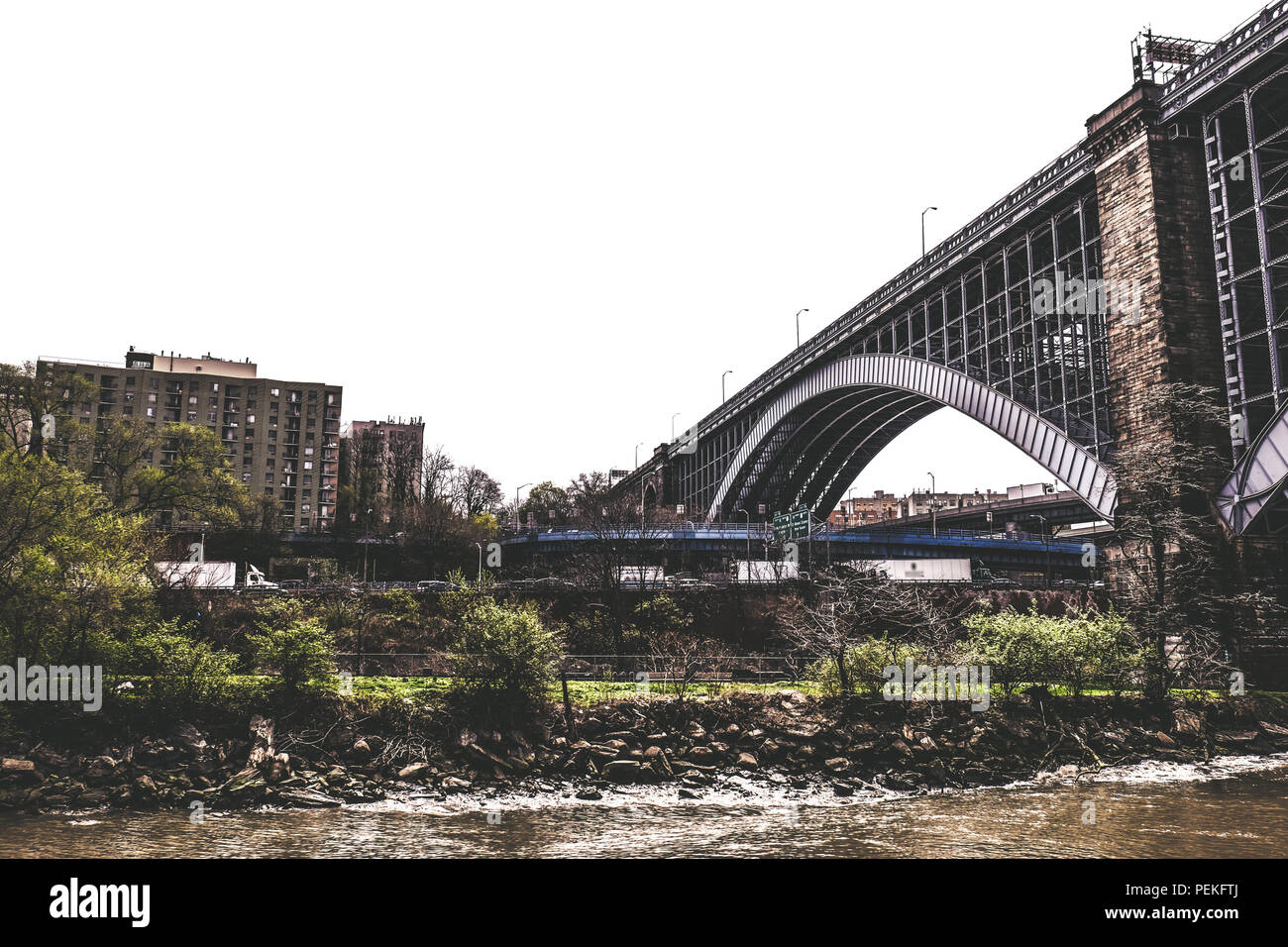 Landscape view of the High Bridge, the oldest bridge in New York, with ...