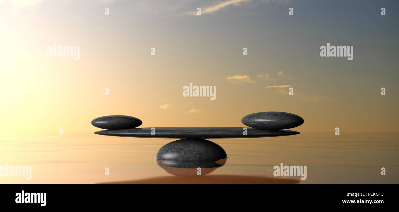 Balance concept. Zen balancing stones on water, sky on sunset ...