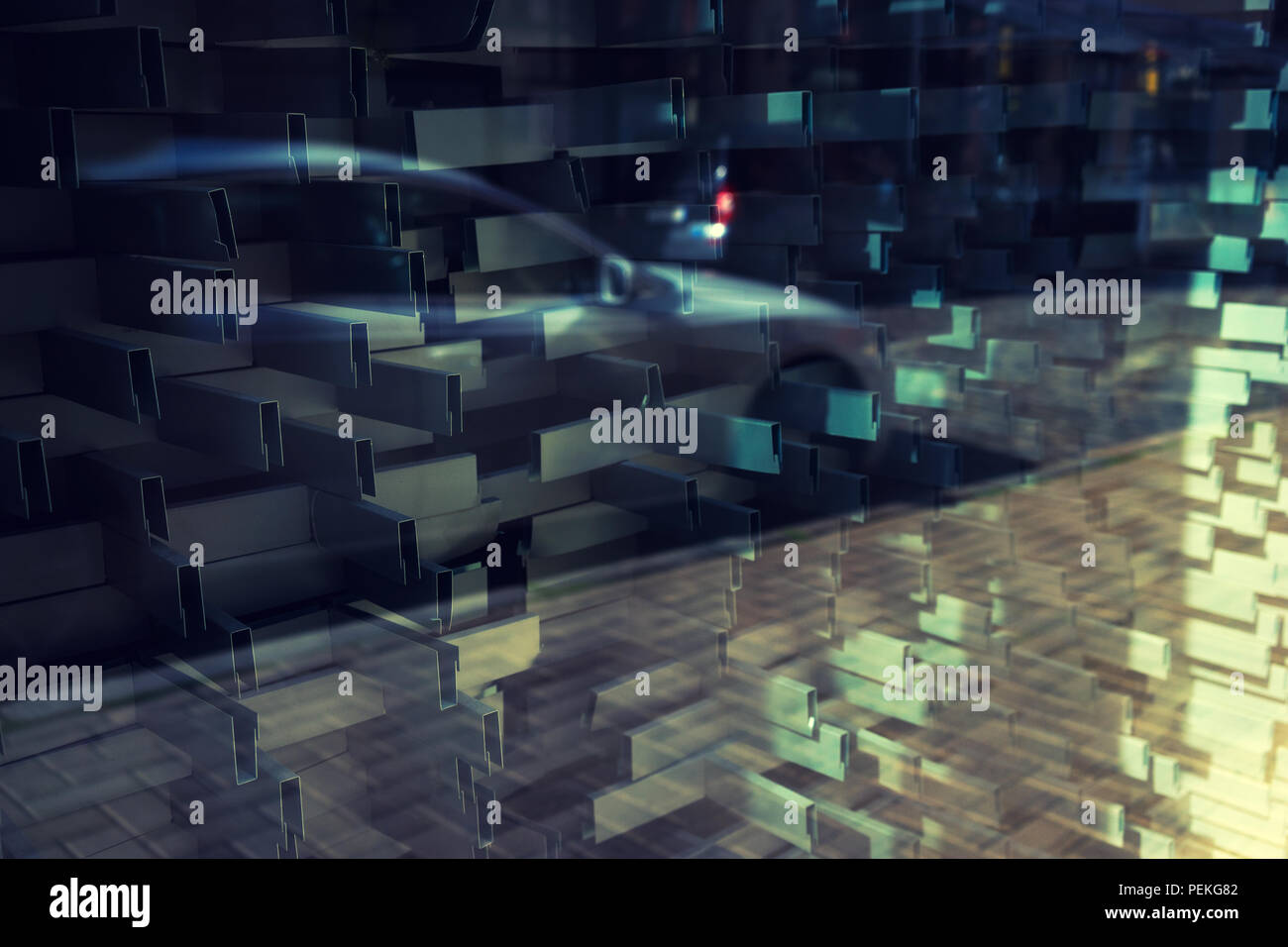 Reflection of the street in the window with the elements of building ...