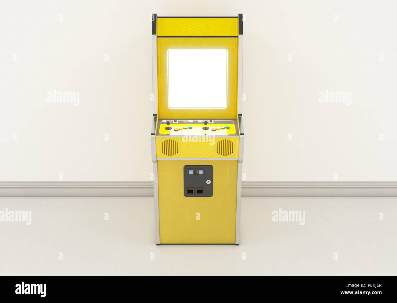 A vintage yellow unbranded arcade machine with a blank screen on a ...