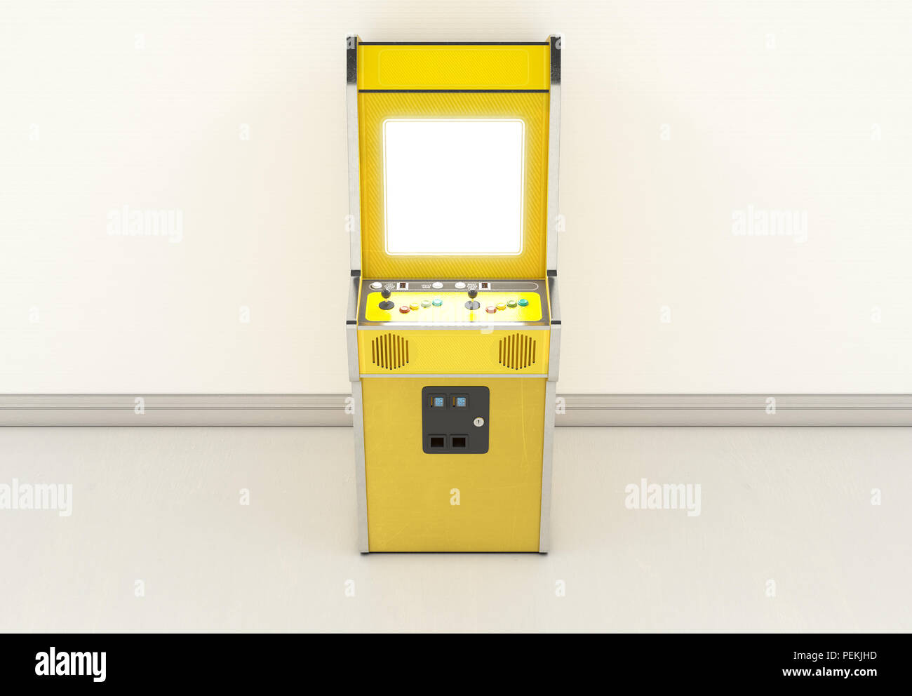 A vintage yellow unbranded arcade machine with a blank screen on a ...