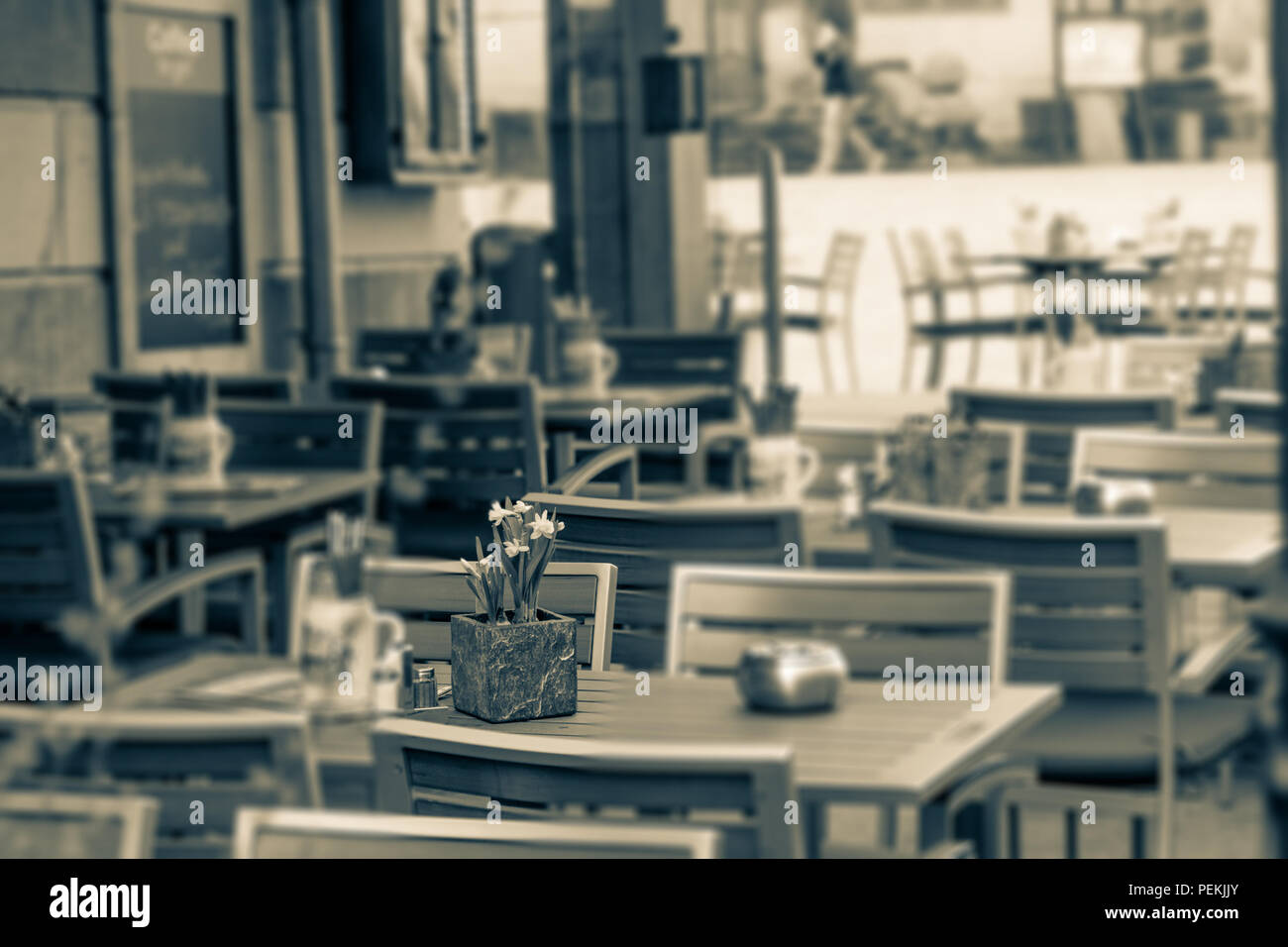Street view with cafe terrace during the morning in European city Stock ...