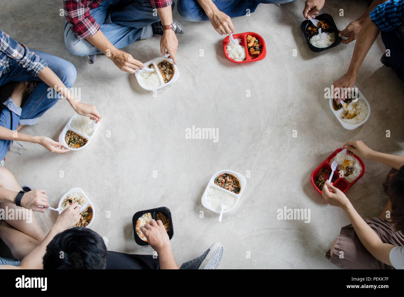 Top view of teamwork and team group concept, Thai Asian people sitting ...