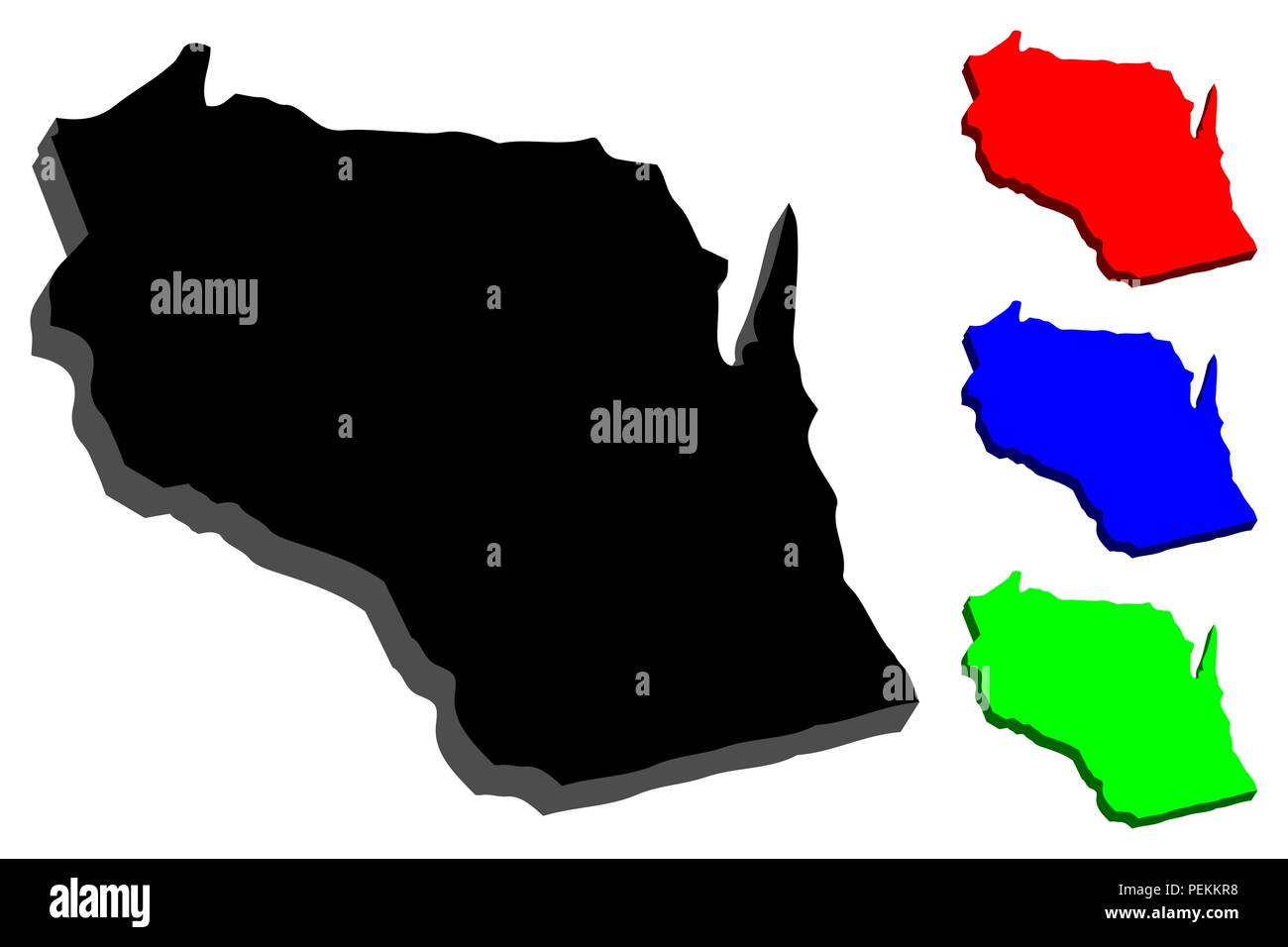 3D map of Wisconsin (United States of America) - black, red, blue and ...