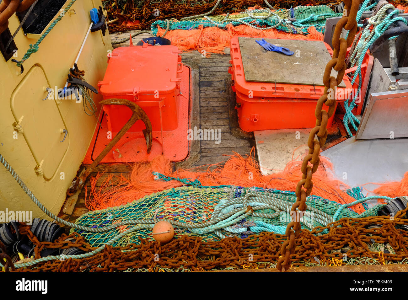 the deck of a fishing vessel, with nets and rope laid out Stock Photo ...