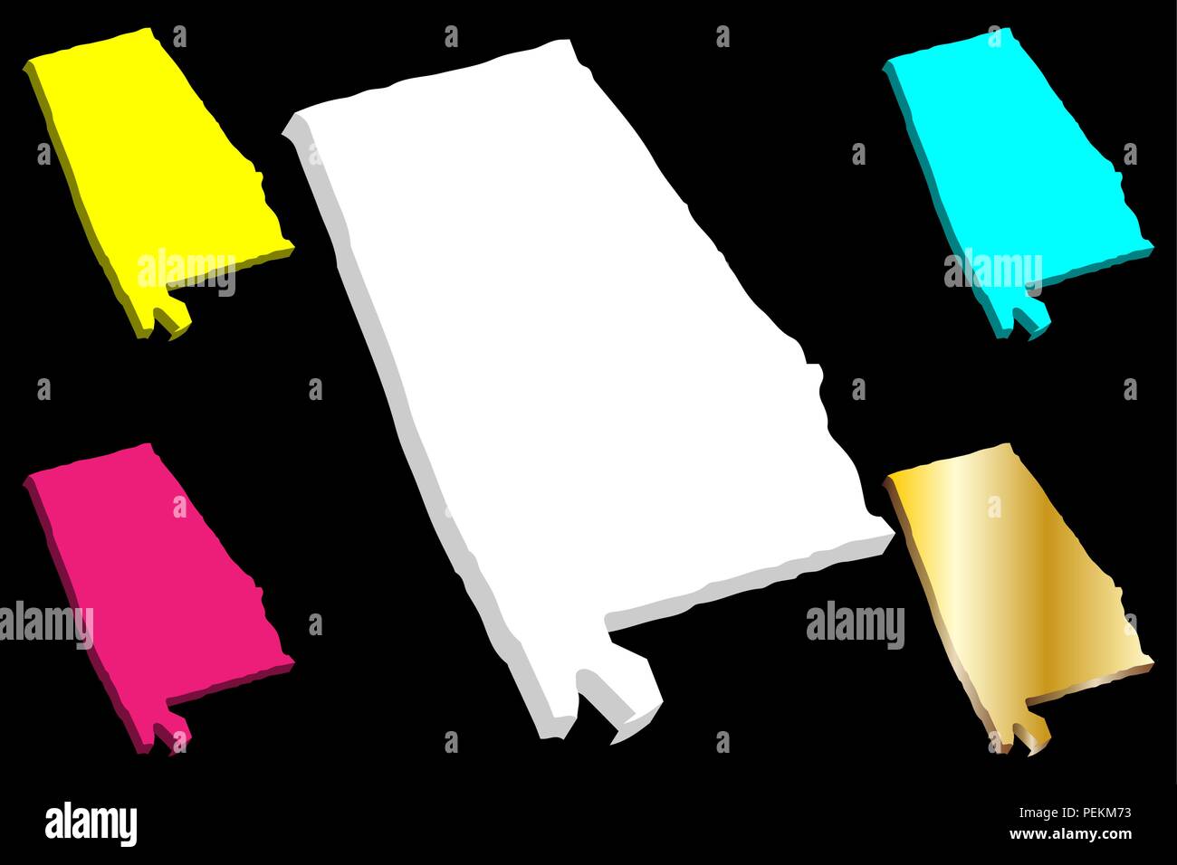 3D map of Alabama (United States of America) - white, yellow, purple ...