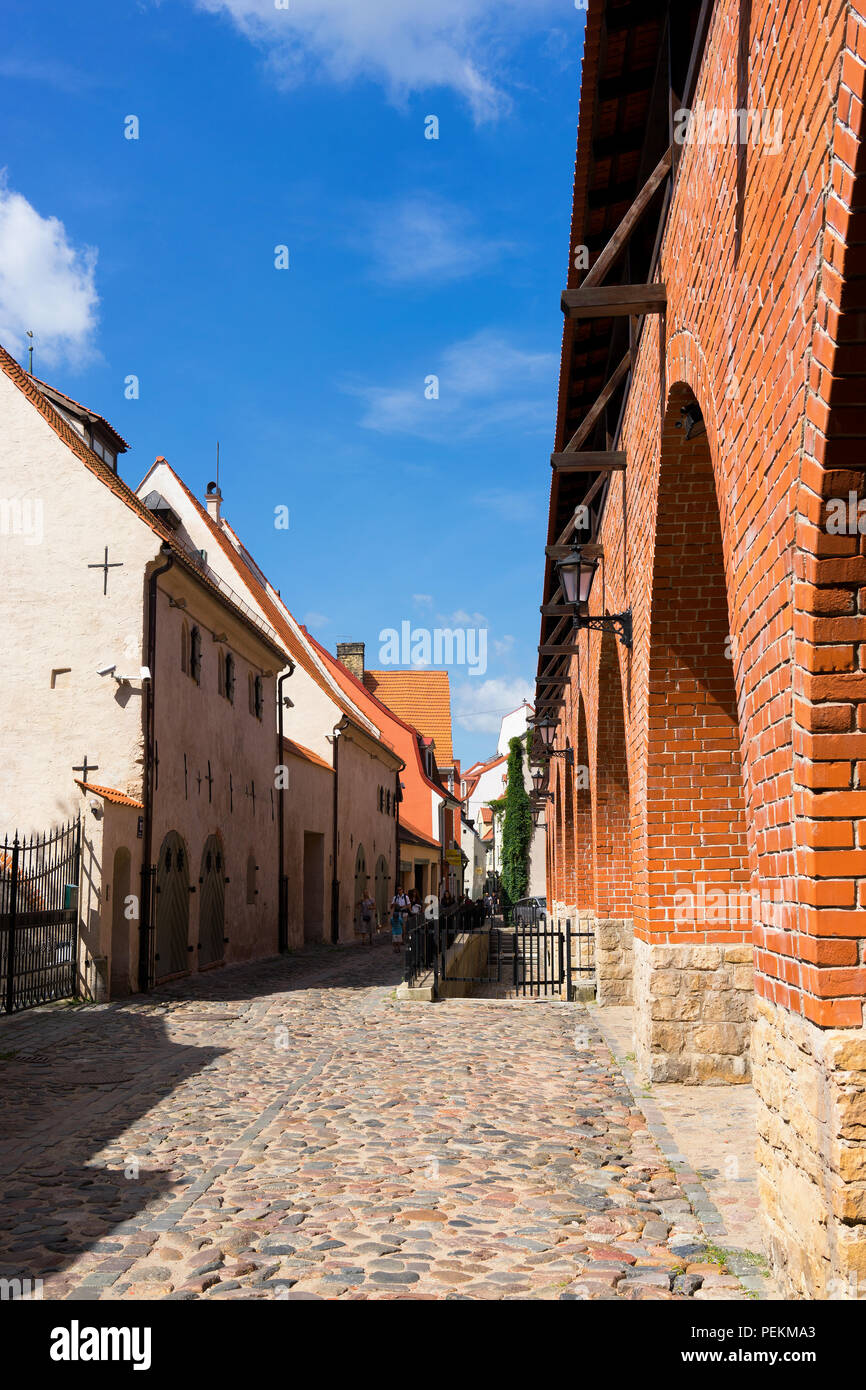 Street in the Old Town with its old houses in summer, Riga, Vecriga ...