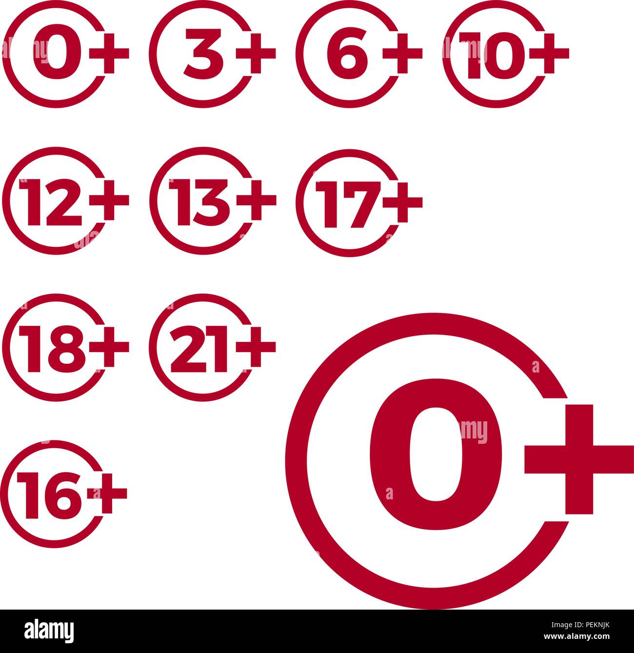 Limit age icon on red background. Icons age limit from six to twenty ...