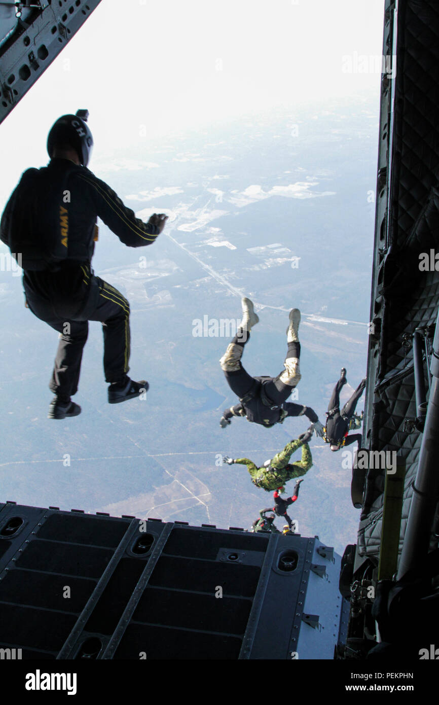 U.S. Army and partner nation paratroopers perform a free fall jump from ...