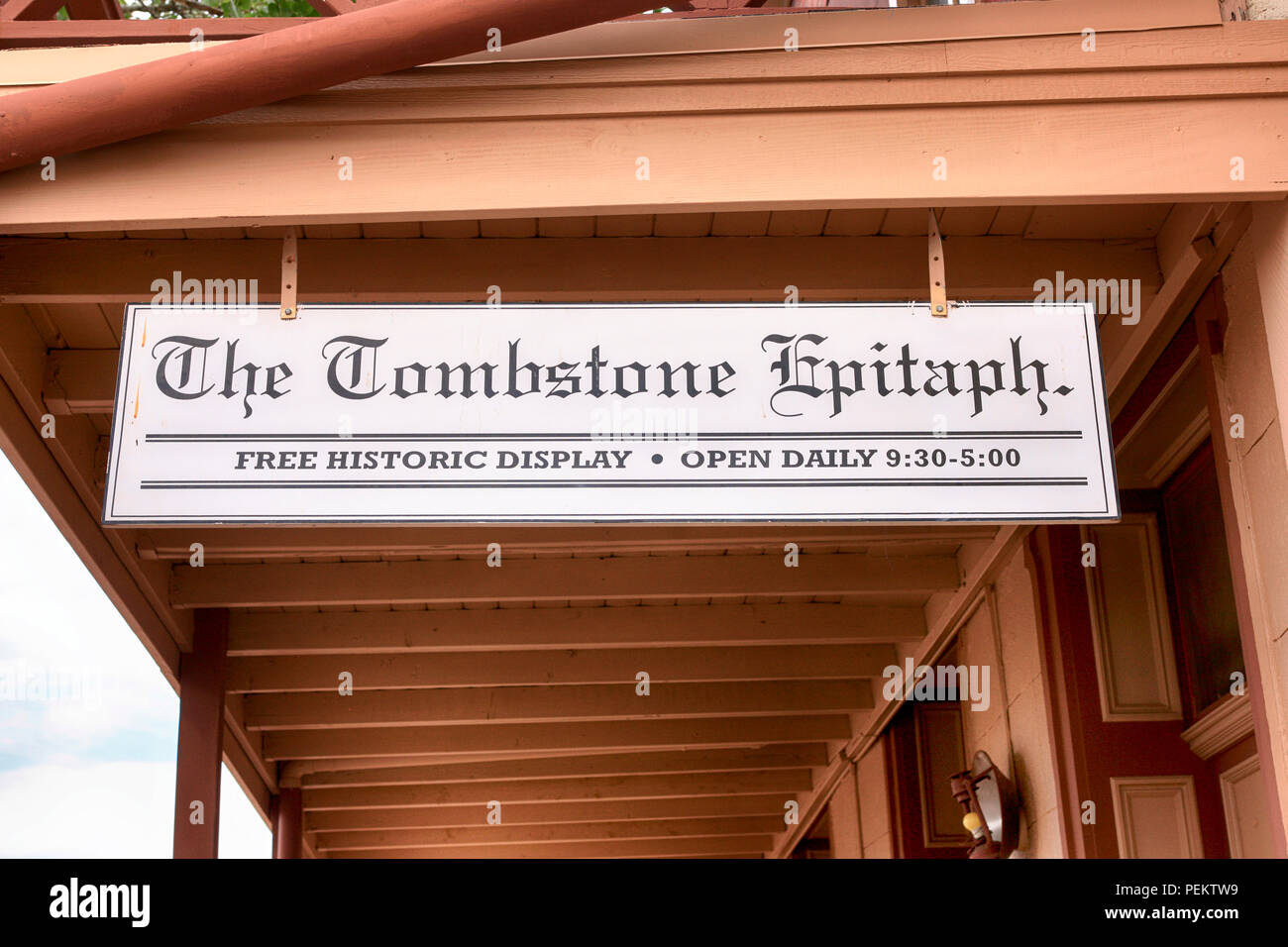 The Tombstone Epitaph Old West Newspaper offices overhead sign on S 5th ...
