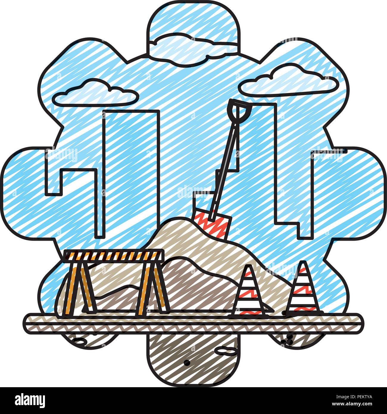 doodle construction equipment with traffic cones and caution sign Stock ...