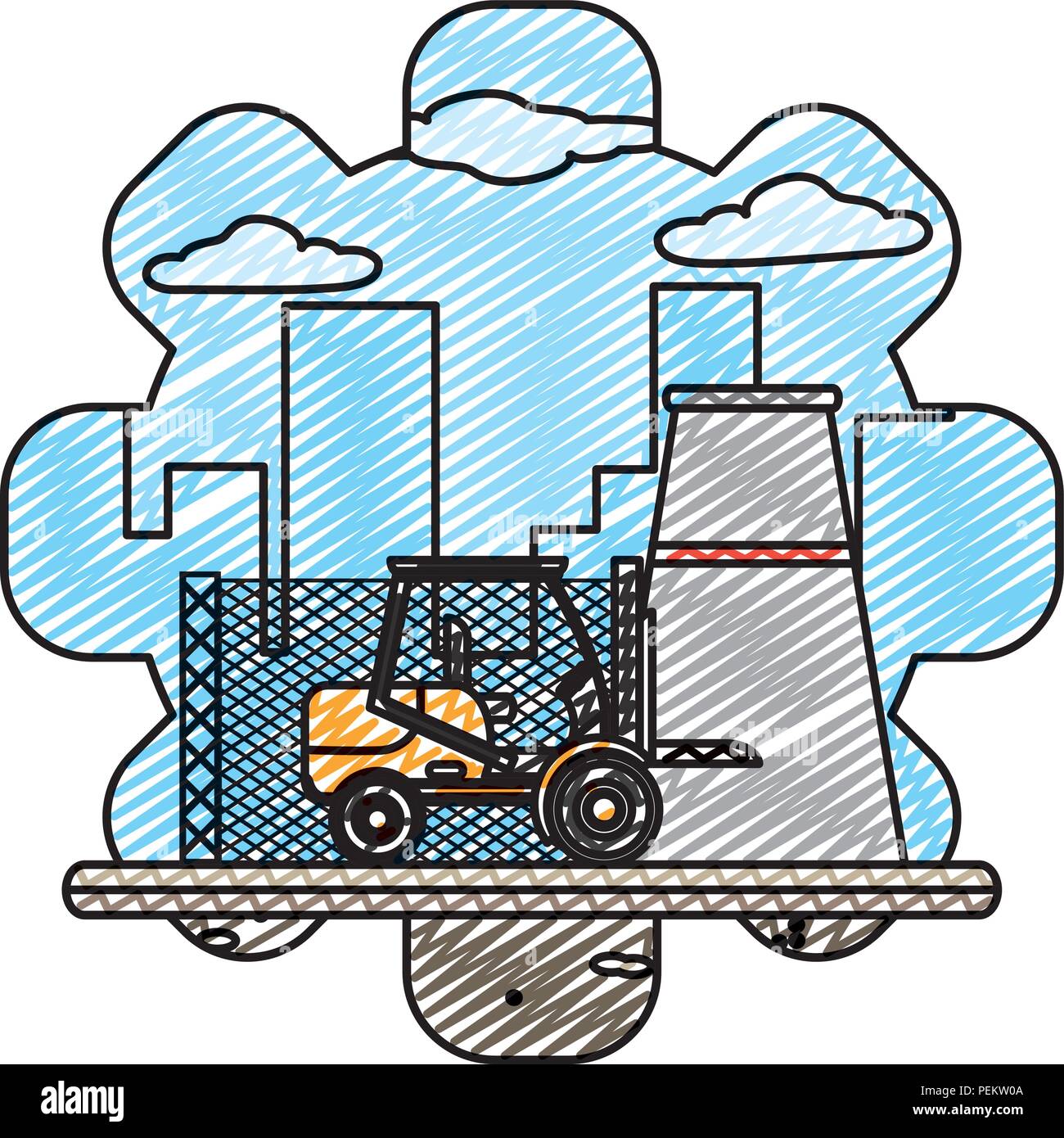 doodle industry factory and forklift construction machine Stock Vector ...