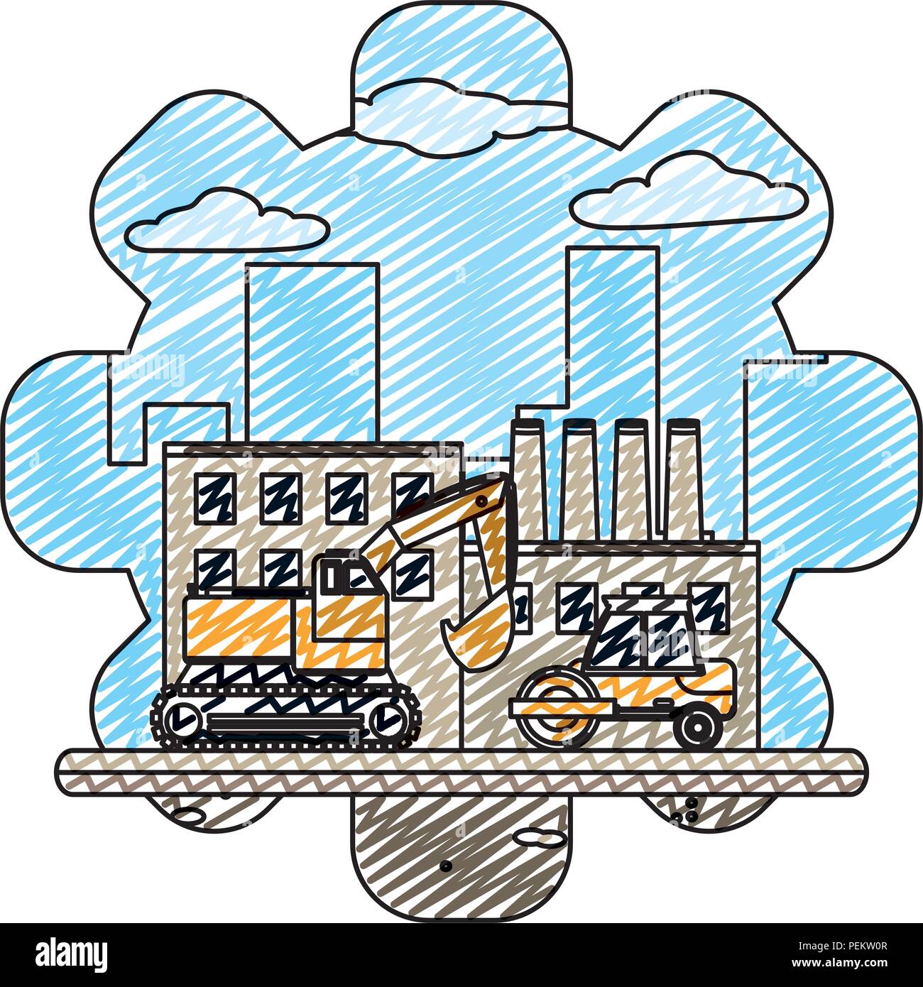 doodle industry factory with excavator and road roller Stock Vector ...