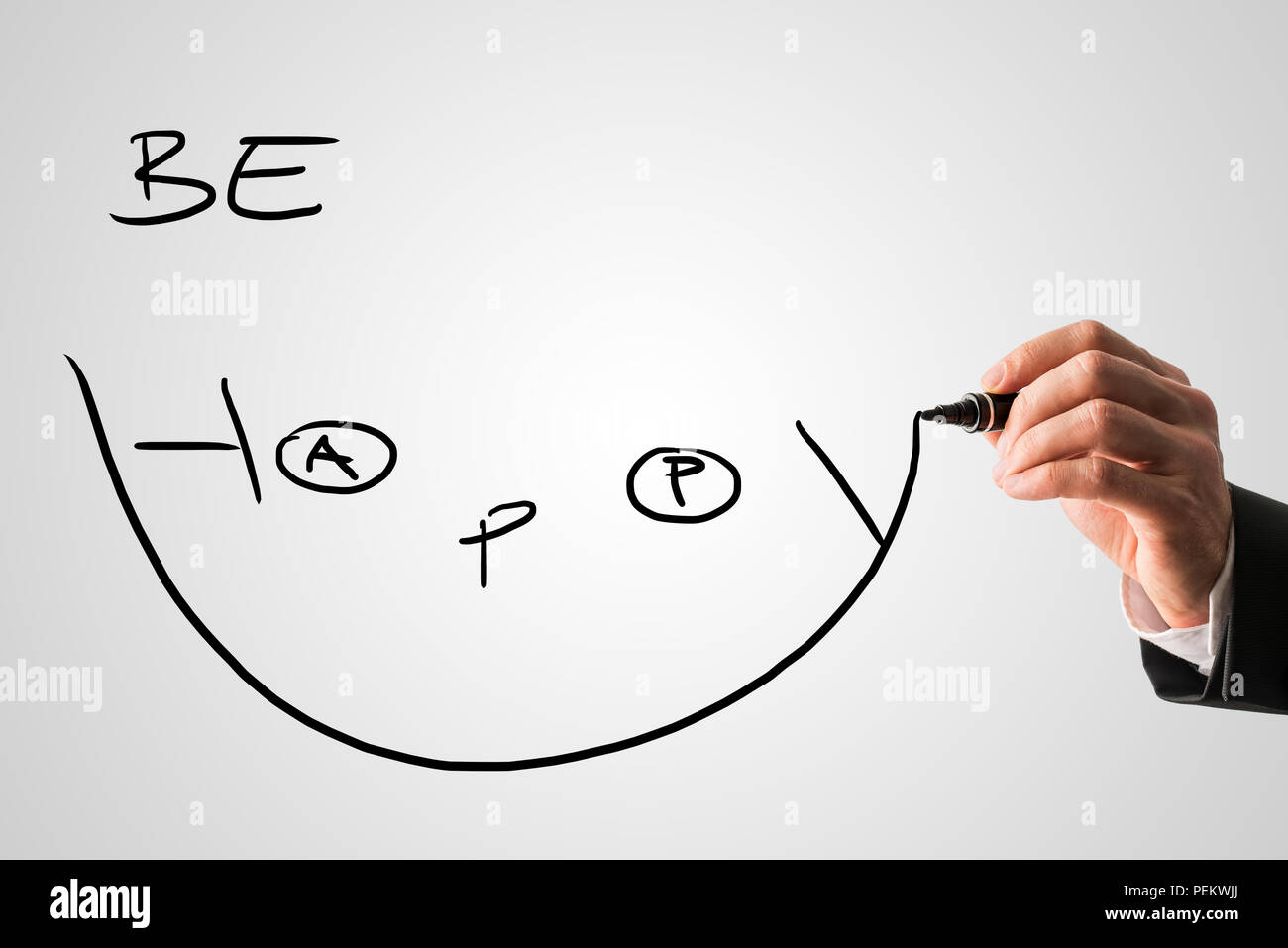 Close up Businessman Making Conceptual Be Happy Drawing on Abstract ...